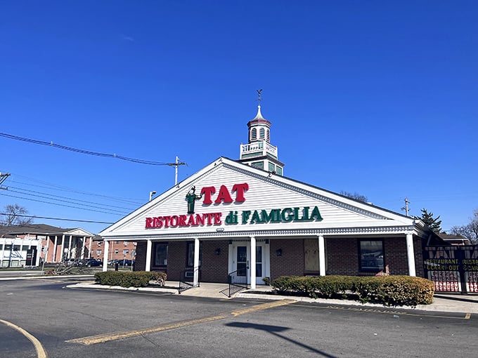 The iconic white colonial facade of TAT Ristorante Di Famiglia stands proudly in Columbus, like an Italian flag planted firmly in Ohio soil.