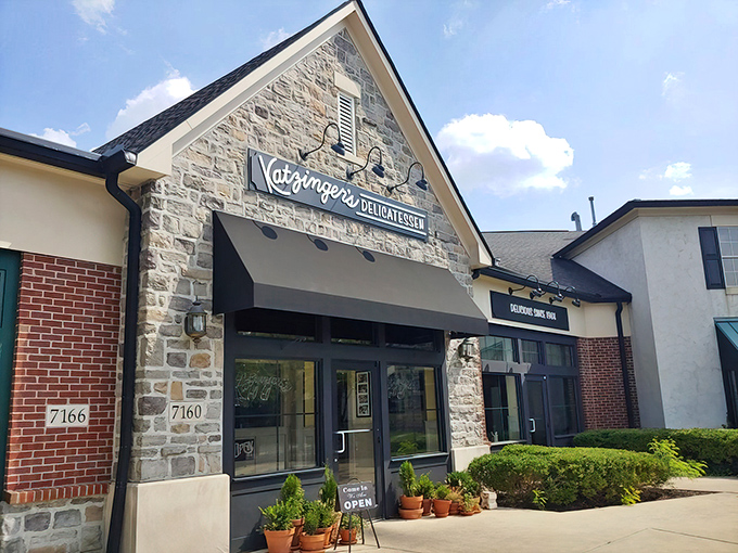 Katzinger's stone facade welcomes hungry pilgrims with the promise of delicatessen nirvana. That "Delicious Since 1984" sign isn't just marketing&mdash;it's a time-tested guarantee. 