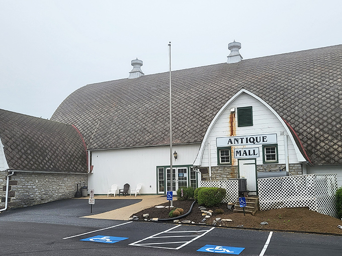 The iconic barn-shaped Crossroads Antique Mall stands like a beacon for treasure hunters, its curved roof promising adventures in antiquing beneath Pennsylvania skies.