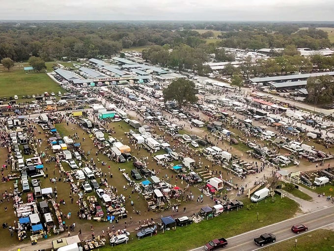 The colorful entrance to Swap-O-Rama beckons like a siren song to treasure hunters. Those pastel storage units hide untold wonders within.
