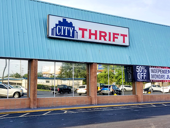 The teal-roofed treasure chest of Orlando beckons with its bold signage—a siren call to bargain hunters and thrift enthusiasts alike.
