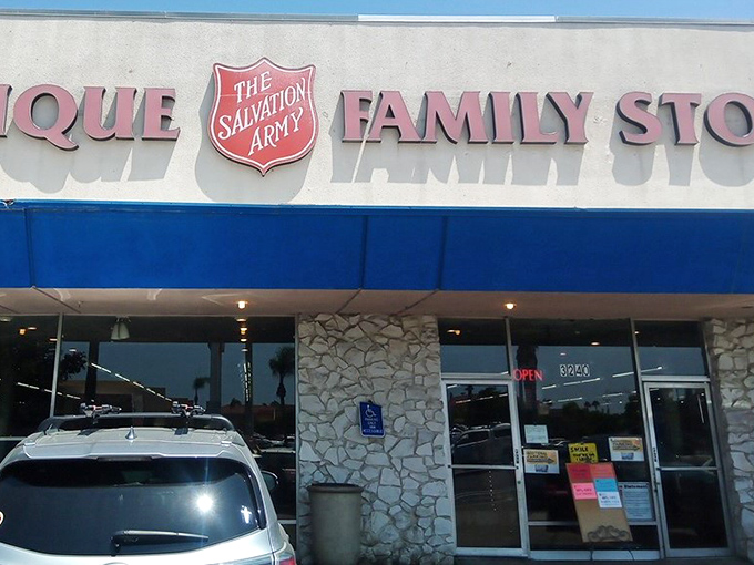 The iconic blue awning and Salvation Army shield welcome treasure hunters to this San Diego secondhand paradise. Bargain therapy awaits inside!