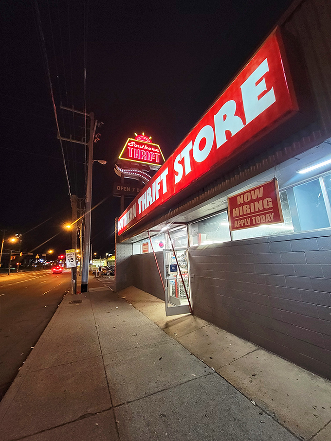 The iconic red signage of Southern Thrift Store stands out against the Nashville sky like a beacon calling all treasure hunters to their happy place.