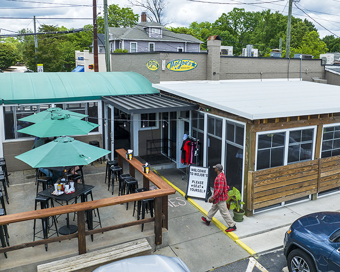 The iconic green and yellow MoJoe's sign welcomes burger pilgrims to this unassuming Raleigh treasure. Simple exterior, extraordinary flavors within.
