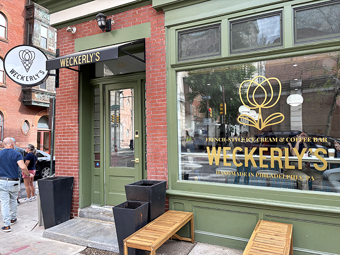 The mint-green storefront of Weckerly's beckons like a cool oasis on a hot Philly day, promising French-style ice cream treasures within. 