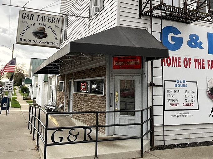 The unassuming exterior of G&R Tavern in Waldo, Ohio &ndash; proof that culinary greatness often hides behind the simplest facades.