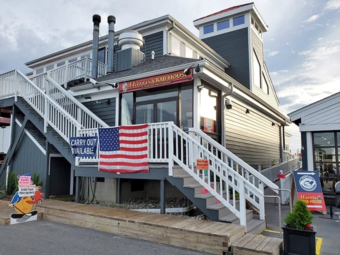 The stairway to seafood heaven! Harris Crab House stands proudly with its American flag waving, practically begging you to climb those steps toward crab nirvana.
