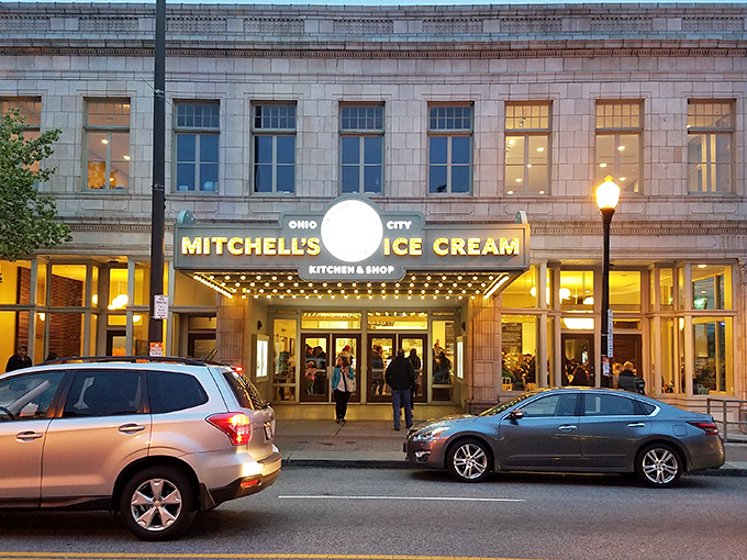 The marquee lights of Mitchell's flagship store transform an ordinary Cleveland evening into an ice cream pilgrimage destination worth writing home about.