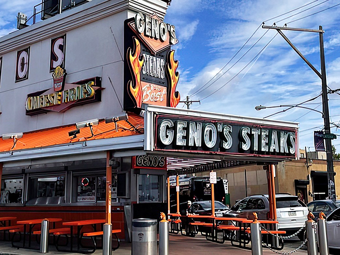 Neon paradise! Geno's Steaks lights up South Philly like Vegas on a cheesesteak budget, beckoning hungry pilgrims to its fluorescent shrine.
