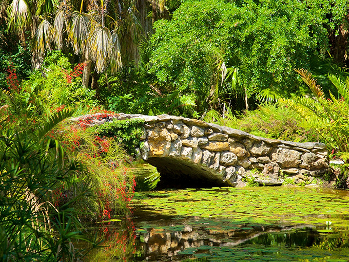 A stone bridge arches gracefully over lily-dotted waters, inviting visitors deeper into McKee's lush tropical paradise.