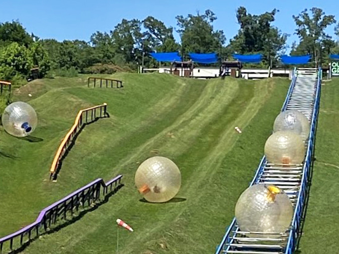 Giant transparent orbs tumble down green hillsides at Outdoor Gravity Park, where adults finally have permission to play like kids again.