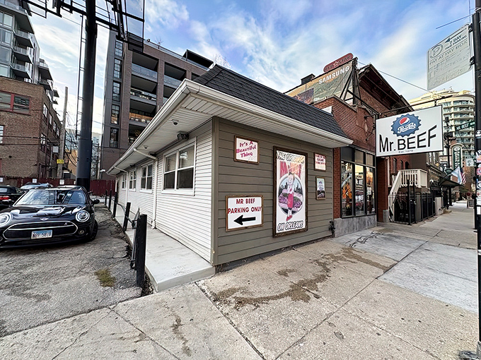 The unassuming white exterior of Mr. Beef stands like a culinary time capsule amid River North's modern development, a beacon for sandwich pilgrims.