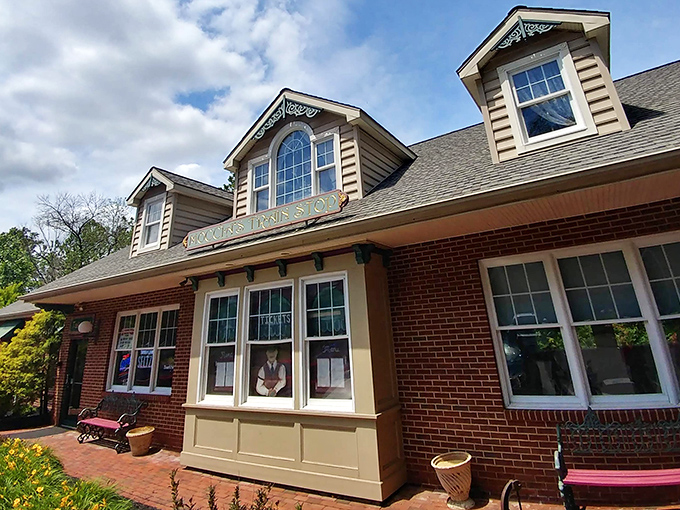 The charming brick exterior of Moccia's Train Stop beckons hungry travelers like a culinary lighthouse in Schwenksville's dining landscape.