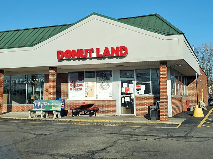 The unassuming storefront of Donut Land stands like a beacon of sugary hope in this Brunswick strip mall. Sweet dreams are made of this.