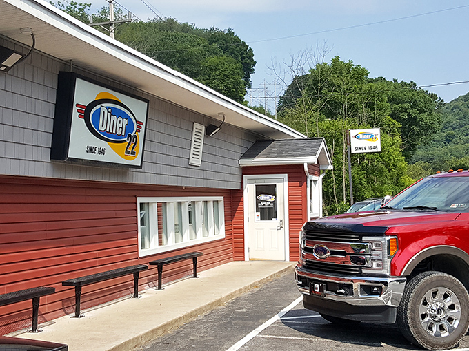 The classic red siding of Diner 22 stands as a beacon of hope for hungry travelers &ndash; proof that sometimes the best meals hide in plain sight.