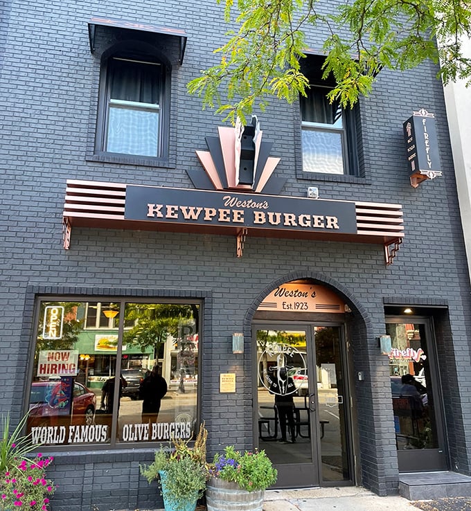 Art Deco meets comfort food heaven at Weston's Kewpee Burger, where the blue brick exterior promises retro delights within.