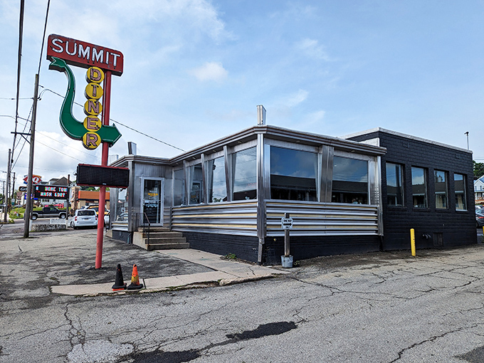 Classic American diner architecture at its finest - chrome, glass, and that timeless appeal that never goes out of style.