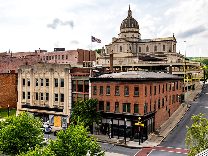 Downtown Altoona's skyline showcases its architectural heritage, with the magnificent Cathedral of the Blessed Sacrament dominating the scene like an Italian cousin who somehow ended up in Pennsylvania.