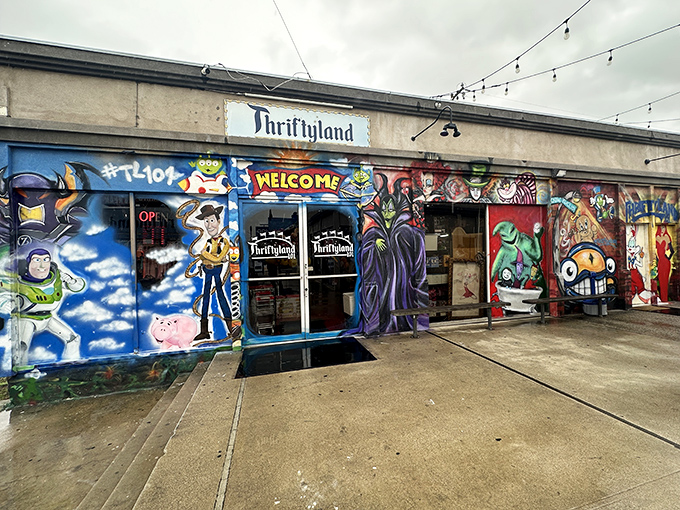 The psychedelic storefront of Thriftyland101 looks like Toy Story characters threw a block party with Disney villains. Pure California cool with a side of nostalgia.