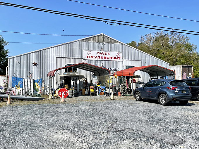 The unassuming exterior of Dave's Treasure Hunt promises "Out of This World Prices" and delivers on that cosmic bargain guarantee.