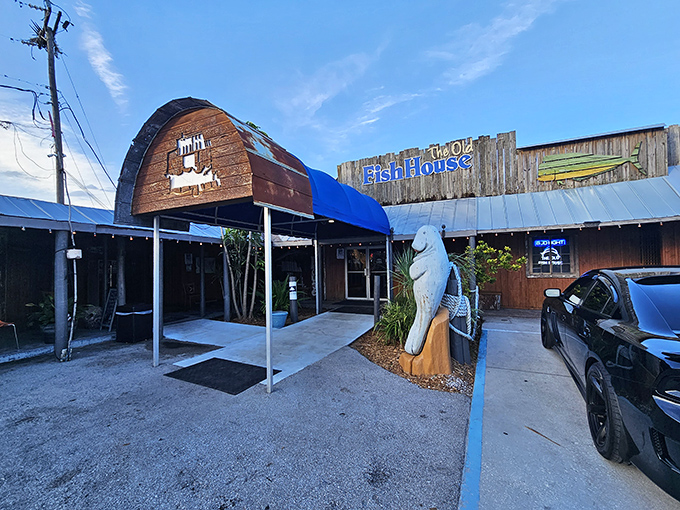 The weathered wooden exterior and manatee sentinel perfectly capture Old Florida charm. This isn't a place that needs neon signs to announce its treasures.