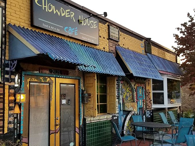 The yellow brick exterior with vibrant blue awnings stands like a cheerful anomaly in Ohio&mdash;a coastal daydream that somehow materialized in the Midwest. 