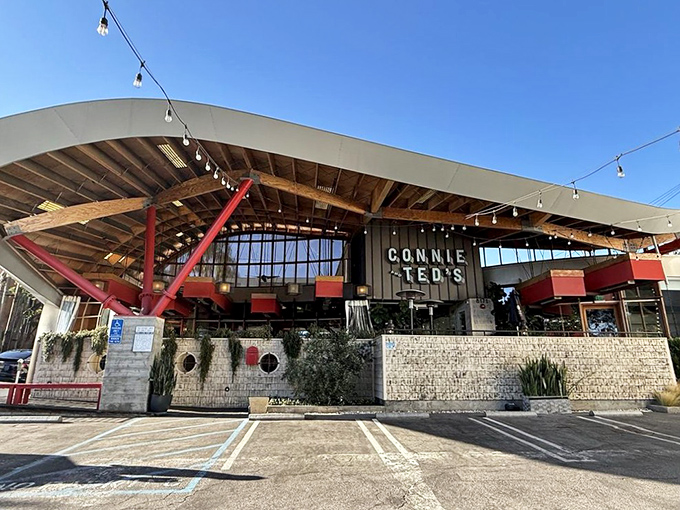 The architectural marvel that is Connie and Ted's stands out with its wave-like roof and inviting string lights&mdash;New England seafood with California architectural flair.
