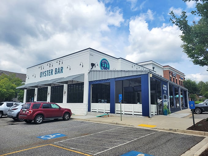 The crisp white exterior with navy blue accents makes Seaside Oyster Bar stand out in suburban Suwanee like a lighthouse beckoning hungry seafood lovers.