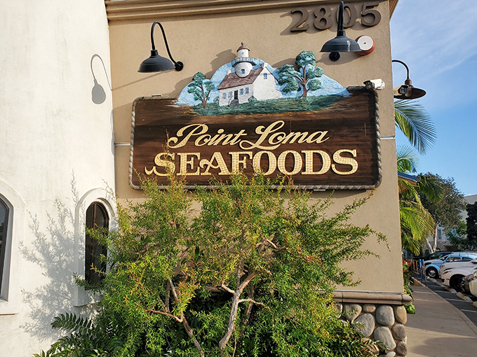 The iconic wooden sign welcomes seafood pilgrims like a maritime lighthouse. Point Loma Seafoods has been calling to hungry sailors and landlubbers alike for generations.