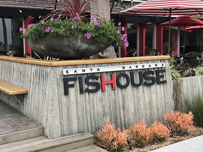 The entrance to seafood paradise! Santa Barbara FisHouse welcomes you with vibrant bougainvillea and that quintessential California coastal charm.