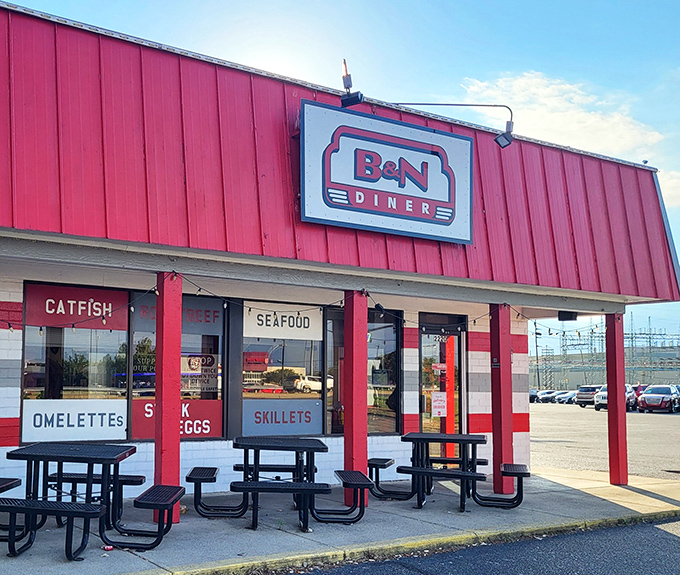 The bright red exterior of B&N Diner stands like a beacon of breakfast hope on a gray Indiana morning. Classic diner perfection awaits inside.
