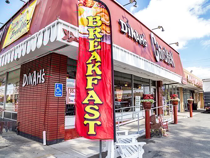 That iconic red exterior isn't just a building&mdash;it's a beacon of hope for the hungry. The "BREAKFAST" banner promises salvation at any hour.