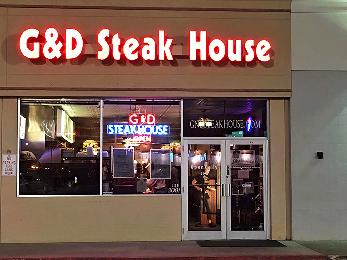The glowing red sign of G&D Steakhouse beckons like a lighthouse for hungry souls wandering through Columbia. No fancy frills, just the promise of honest-to-goodness satisfaction.