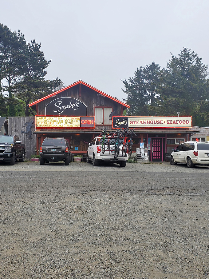 Nestled among towering evergreens, Szabo's rustic A-frame exterior with its bright red trim promises comfort food paradise inside.