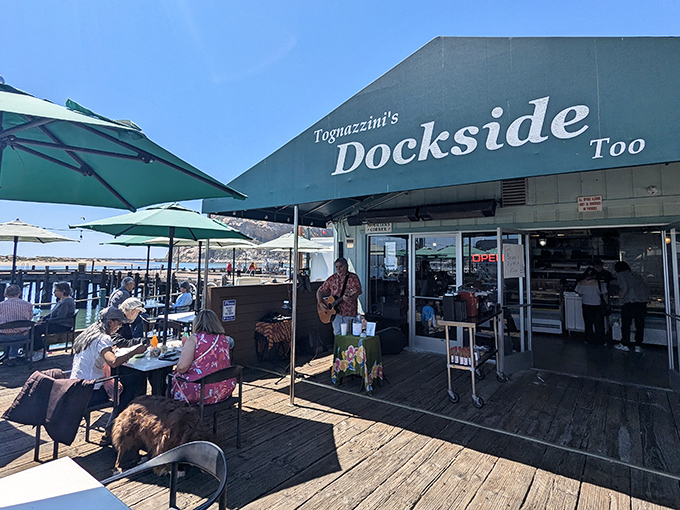 Waterfront dining doesn't get more authentic than this&mdash;Tognazzini's Dockside Too sits right on the wooden planks where your lunch was probably swimming yesterday morning.