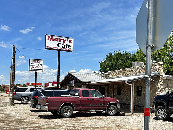 The unassuming stone exterior of Mary's Cafe stands like a culinary lighthouse in tiny Strawn, beckoning hungry travelers from miles around.
