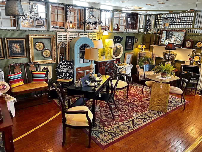 Furniture displays that feel like movie sets waiting for their scene. Vintage chairs, tables, and decor create living spaces you'll want to transport home.