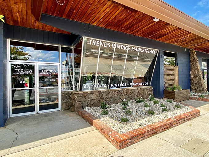The unassuming exterior of Trends Vintage Marketplace belies the wonderland within. Blue walls and warm wooden accents invite treasure hunters to step inside.