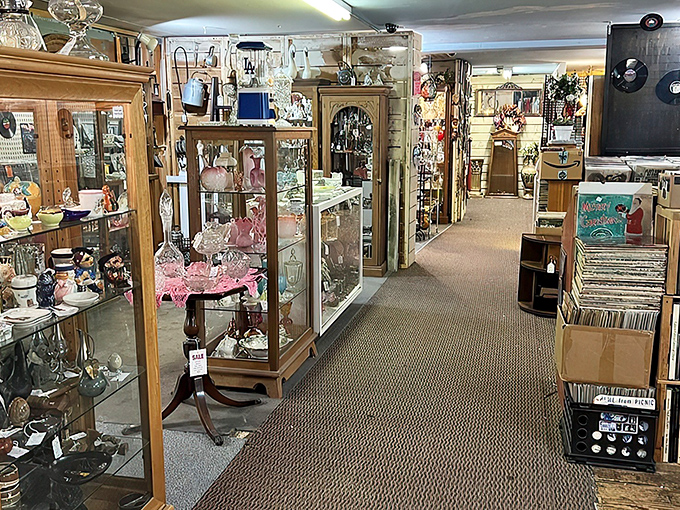 The storefront promises treasures within, like a book cover that actually tells you exactly what you're getting into &ndash; vintage wonders await behind that glass.