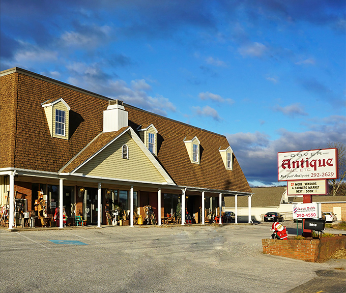 The colonial-style exterior of Dover Antique Mall beckons treasure hunters with its dormer windows and welcoming porch&mdash;architectural foreplay for the vintage delights within.