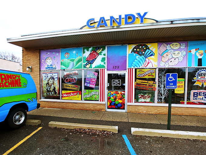 The candy-coated facade of Doc Sweets' beckons with vibrant murals and colorful displays, promising a sugar rush before you even step inside.