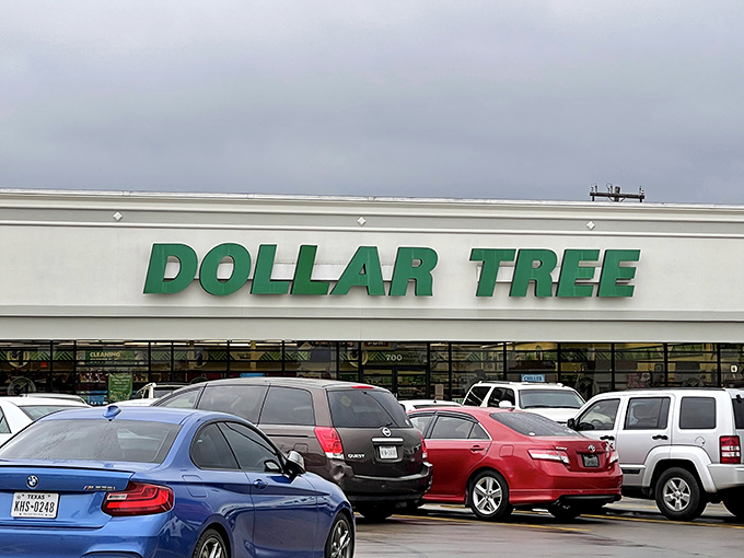 The iconic green lettering beckons bargain hunters like a retail oasis in the Dallas concrete desert. Budget magic awaits inside!