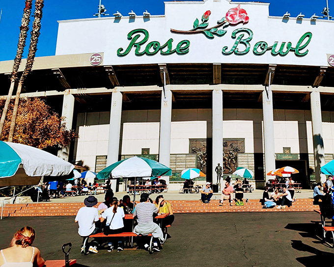 The iconic Rose Bowl stadium transforms once a month from sports venue to treasure hunter's paradise, standing sentinel over acres of potential discoveries.