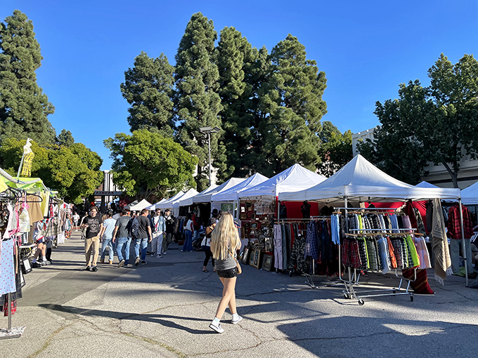 White tents line the sun-drenched pathways of Melrose Trading Post, where treasure hunters navigate through a sea of vintage finds under California's perfect blue sky.
