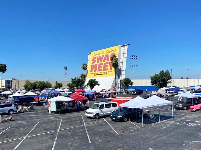 The iconic yellow sign welcomes treasure hunters to this Southern California institution. Under that blue sky, adventure awaits!