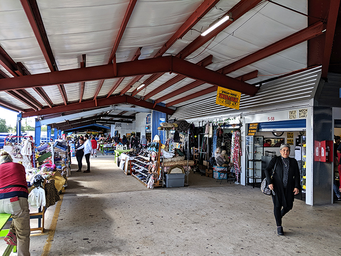 The covered walkways of Beach Boulevard Flea Market offer treasure hunters shelter from Florida's famous sunshine while they search for their next great find.