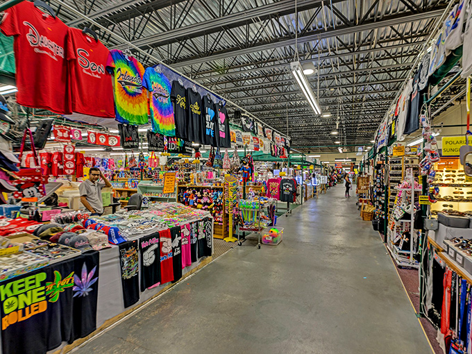 Endless corridors of possibility await at Visitors Flea Market, where vibrant t-shirts and trinkets compete for your attention and wallet.