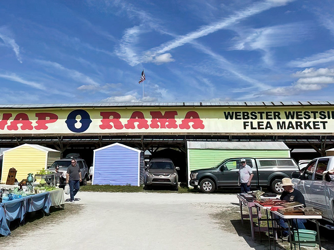 The colorful entrance to Swap-O-Rama beckons like a siren song to treasure hunters. Those pastel storage units hide untold wonders within.