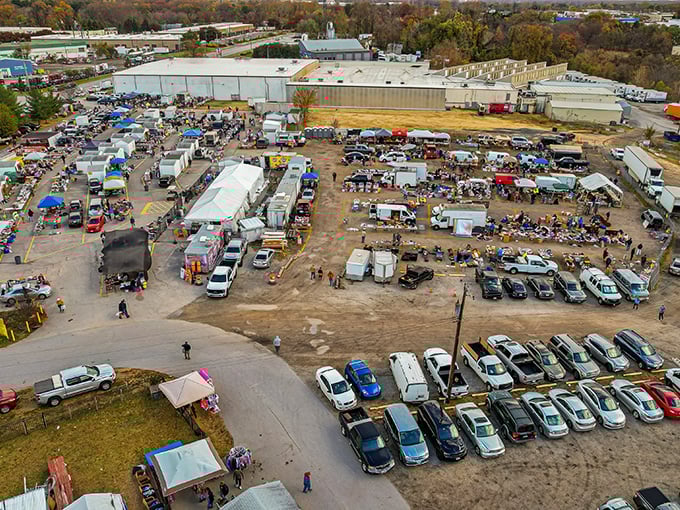 The treasure hunter's paradise from above – hundreds of vendors, thousands of bargains, and endless possibilities spread across this bustling Glen Burnie landmark.
