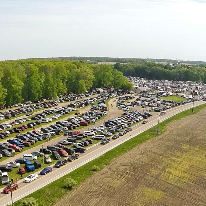 From above, the Armada Flea Market resembles a small city of treasure hunters. The parking alone tells you this isn't amateur hour!